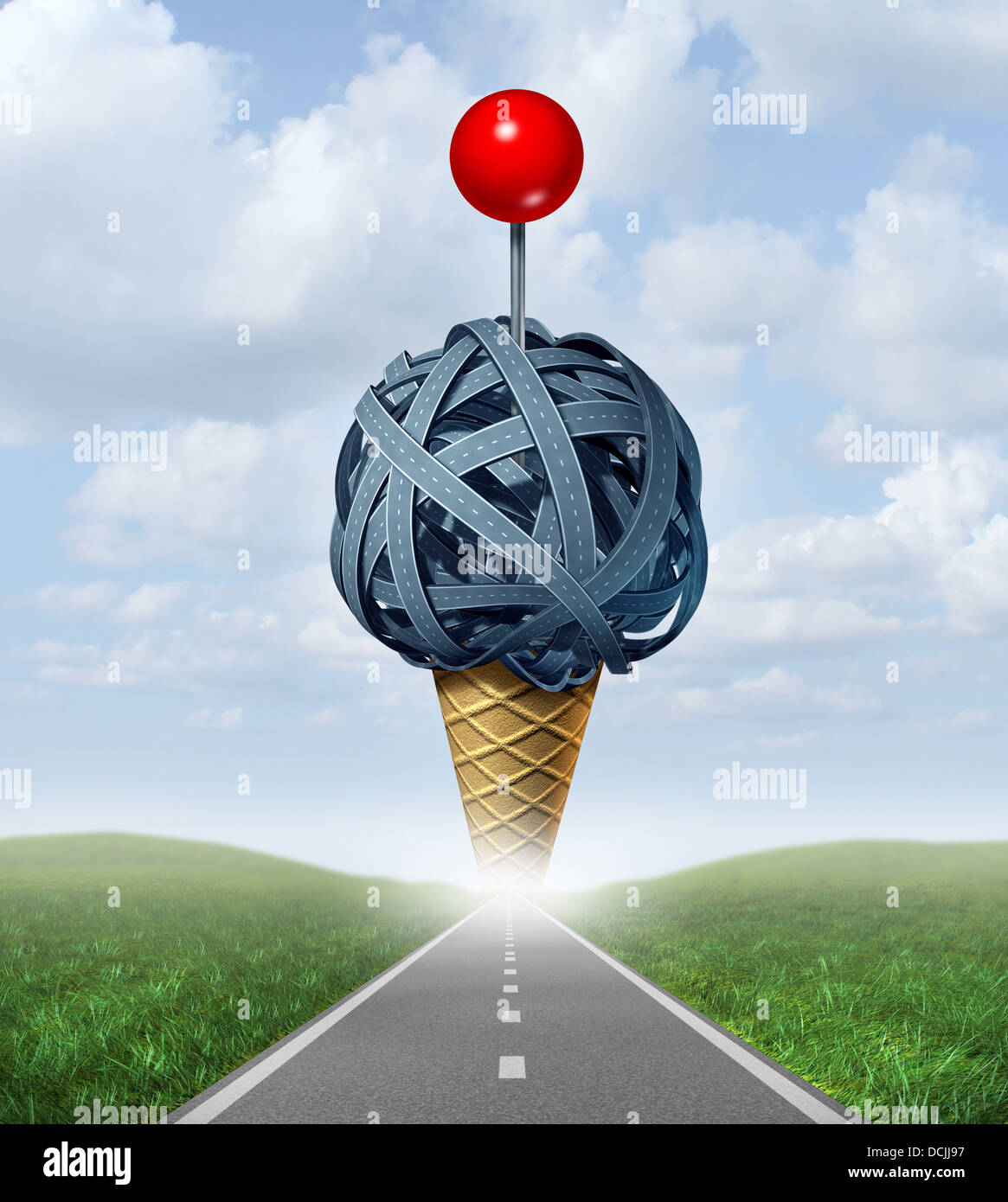 Summer destination choice concept with a road leading to a group of ...