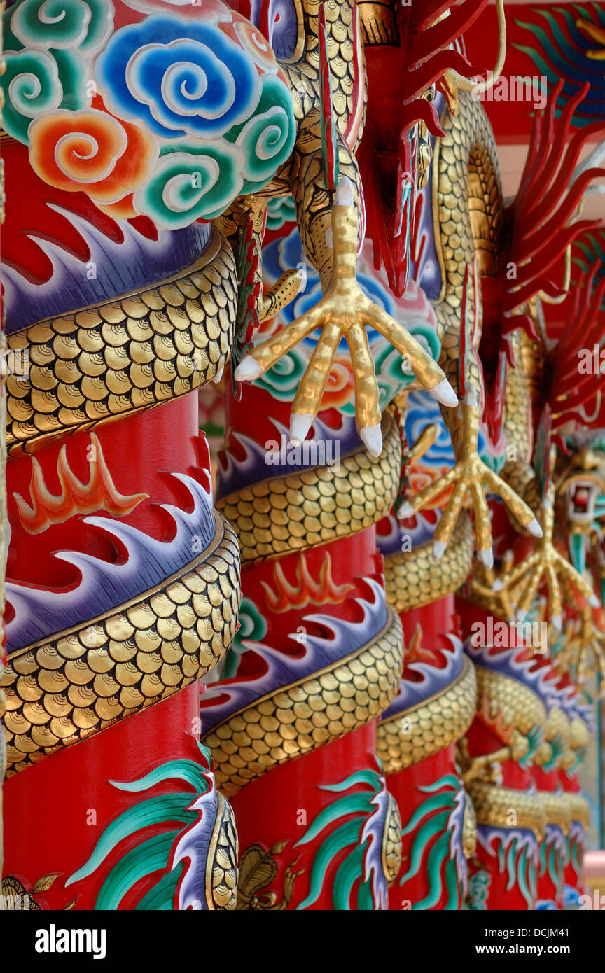 Painted pillars columns at Ang Sila Chinese Temple or Wihan Thep Sathit ...