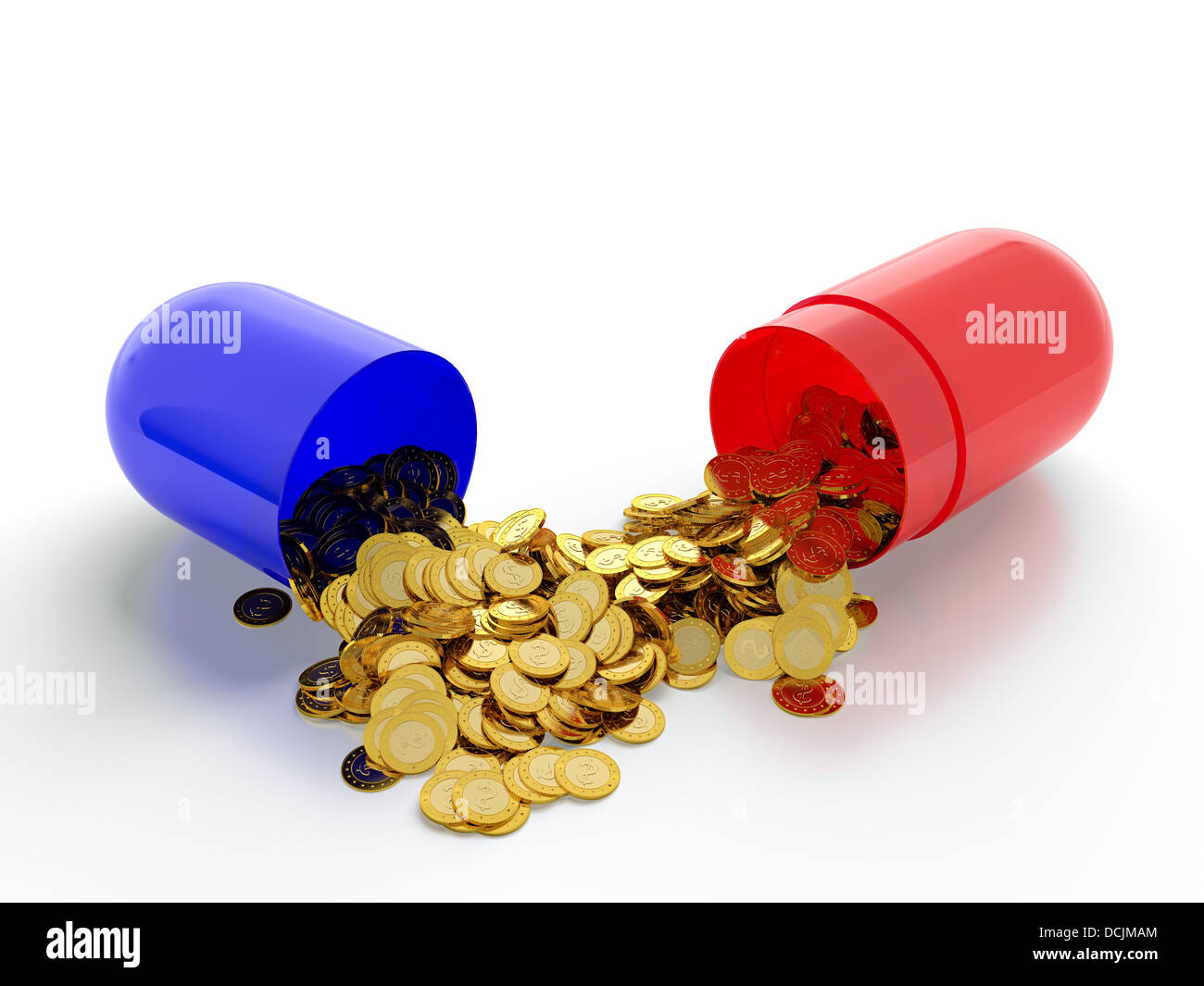 Red and blue pills with golden coins on white background Stock Photo ...
