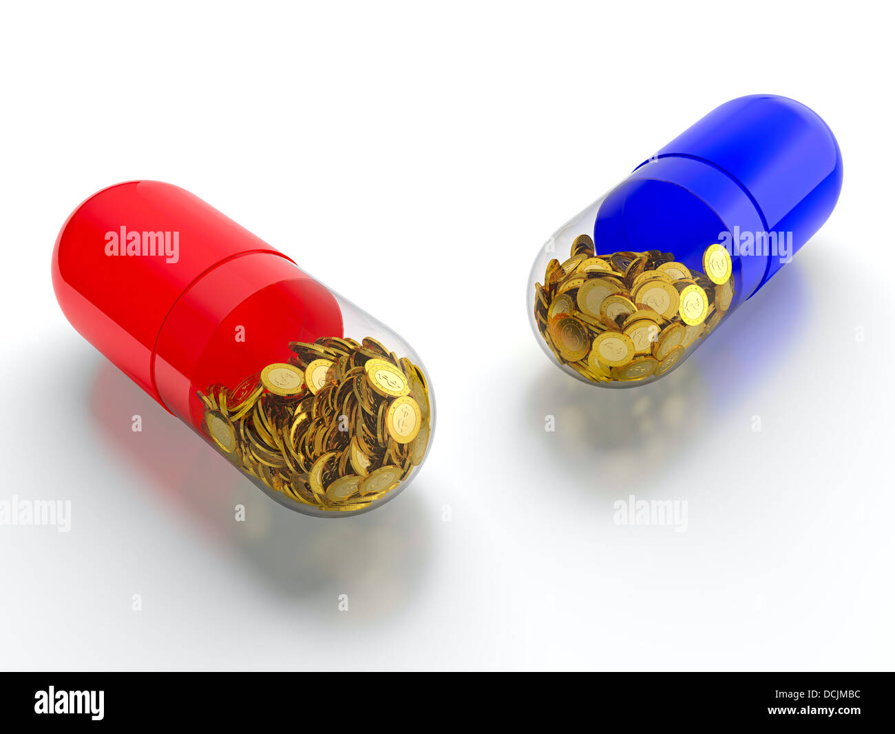 Red and blue pills with golden coins on white background Stock Photo ...