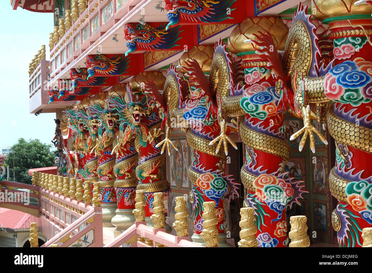 Colourful painted columns pillars at Ang Sila Chinese Temple or Wihan ...