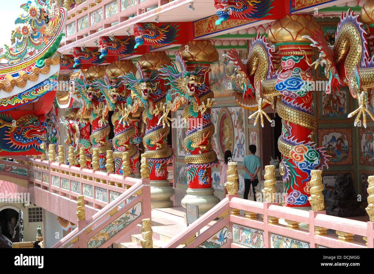 Colourful painted columns pillars at Ang Sila Chinese Temple or Wihan ...