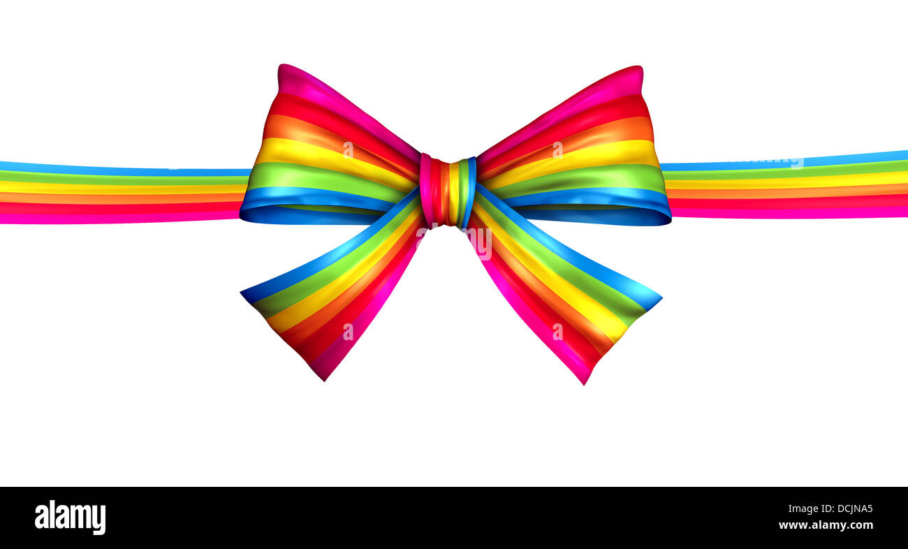 Rainbow ribbon bow concept as a silk gift wrapping tape of bright ...