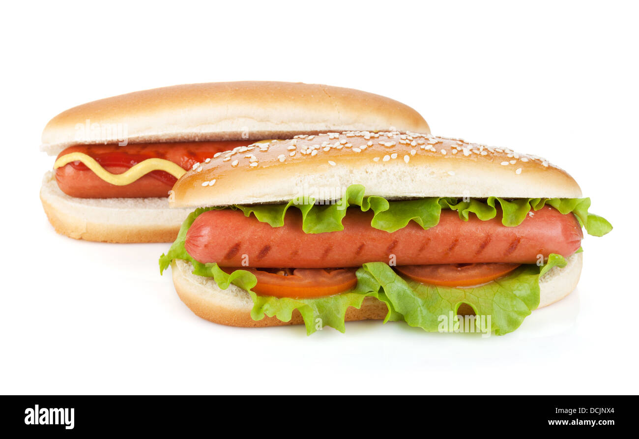 Two hot dogs with various ingredients. Isolated on white background ...