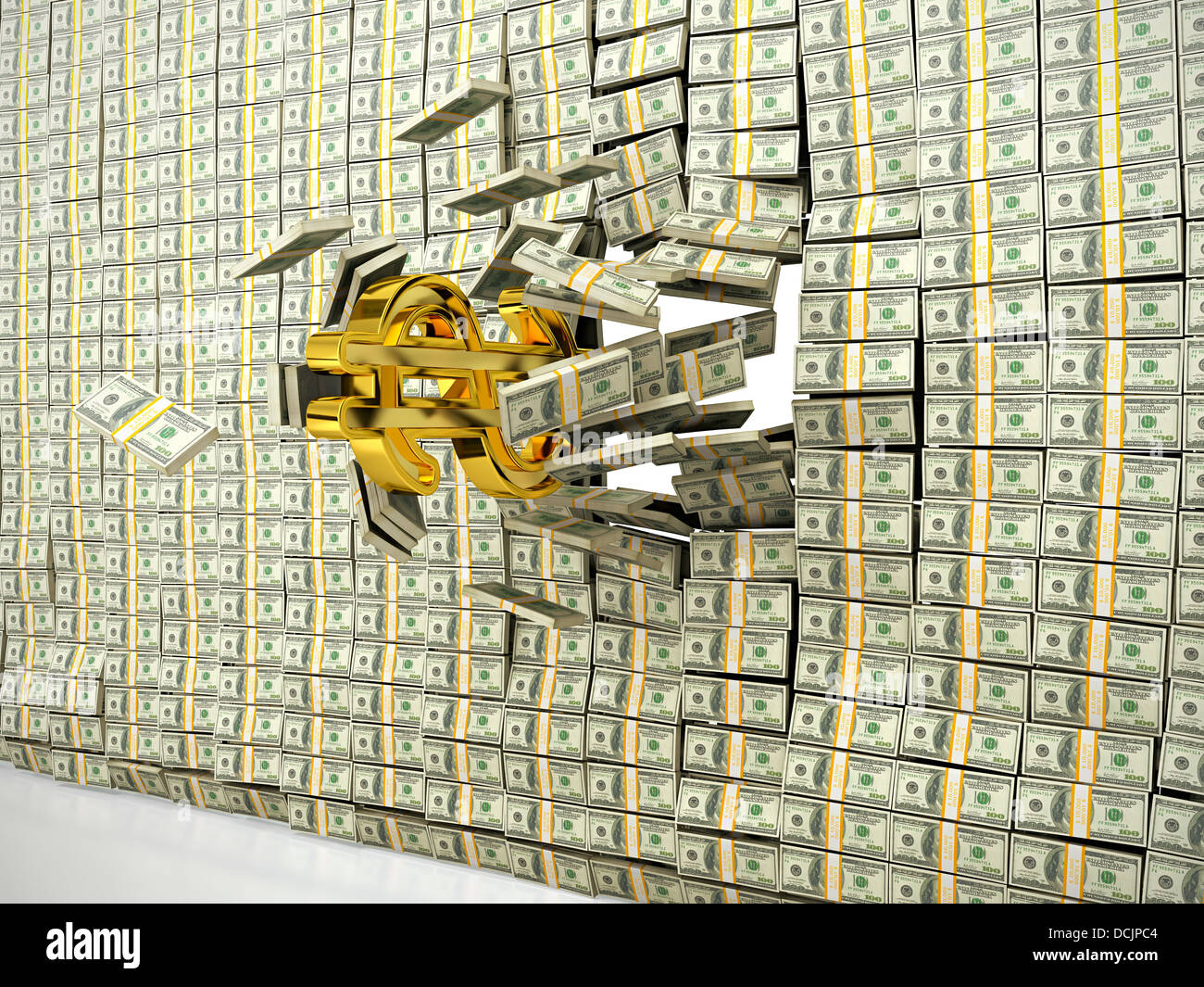 Golden dollar sign breaking through the wall of money Stock Photo - Alamy