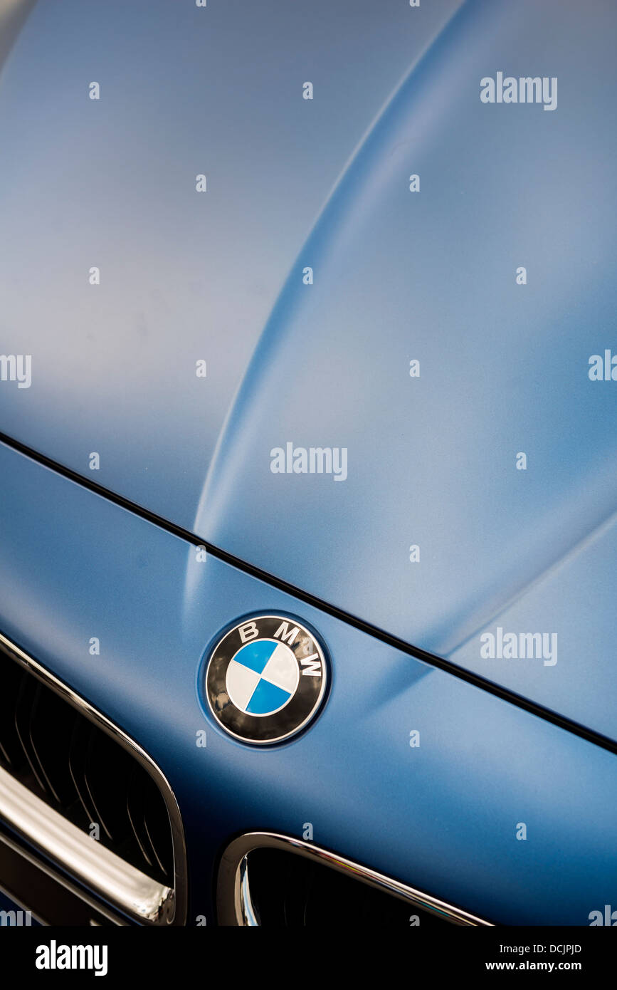 BMW Bonnet with Emblem and blue mat lacquer Stock Photo - Alamy
