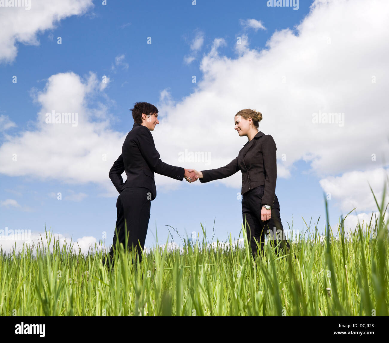 Two women standing in the grass shaking hands Stock Photo - Alamy