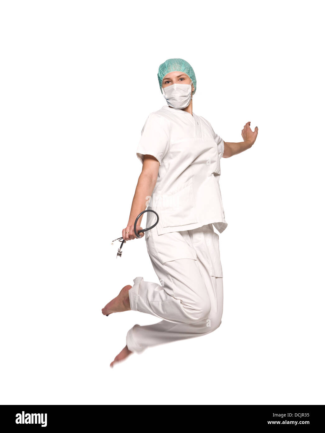 Jumping nurse with a stethoscope Stock Photo - Alamy