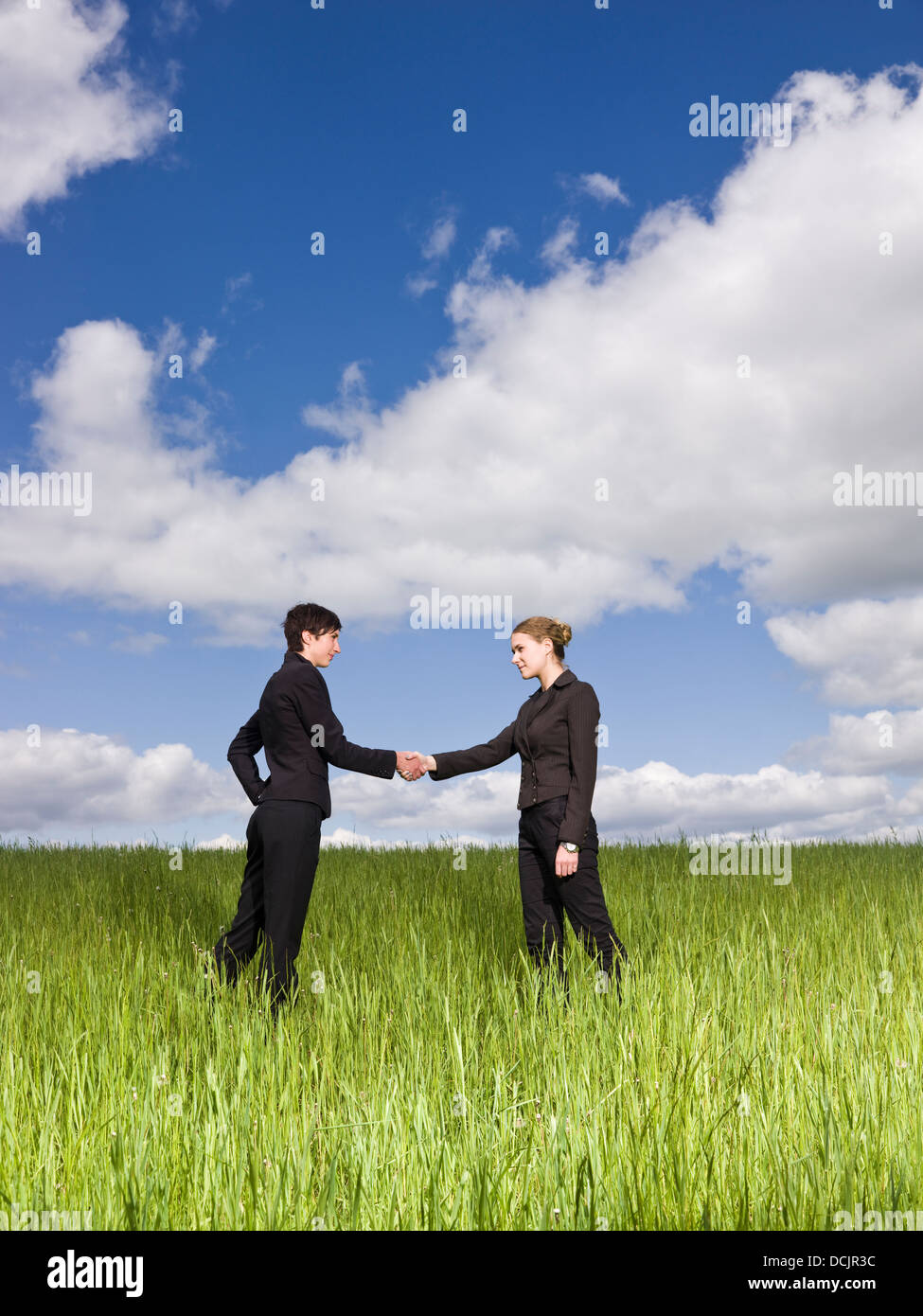 Two women standing in the grass shaking hands Stock Photo - Alamy