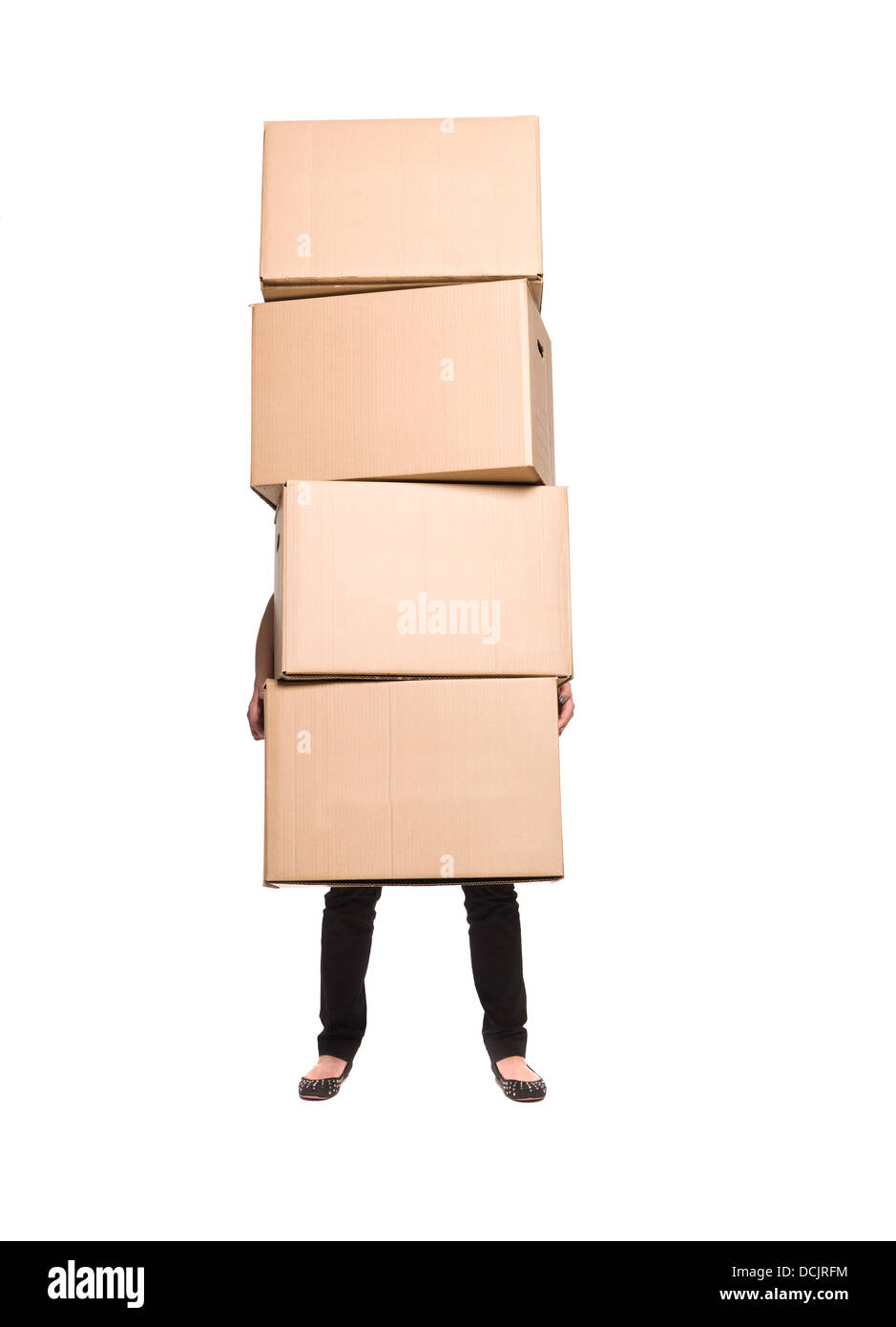 Woman with four boxes Stock Photo - Alamy
