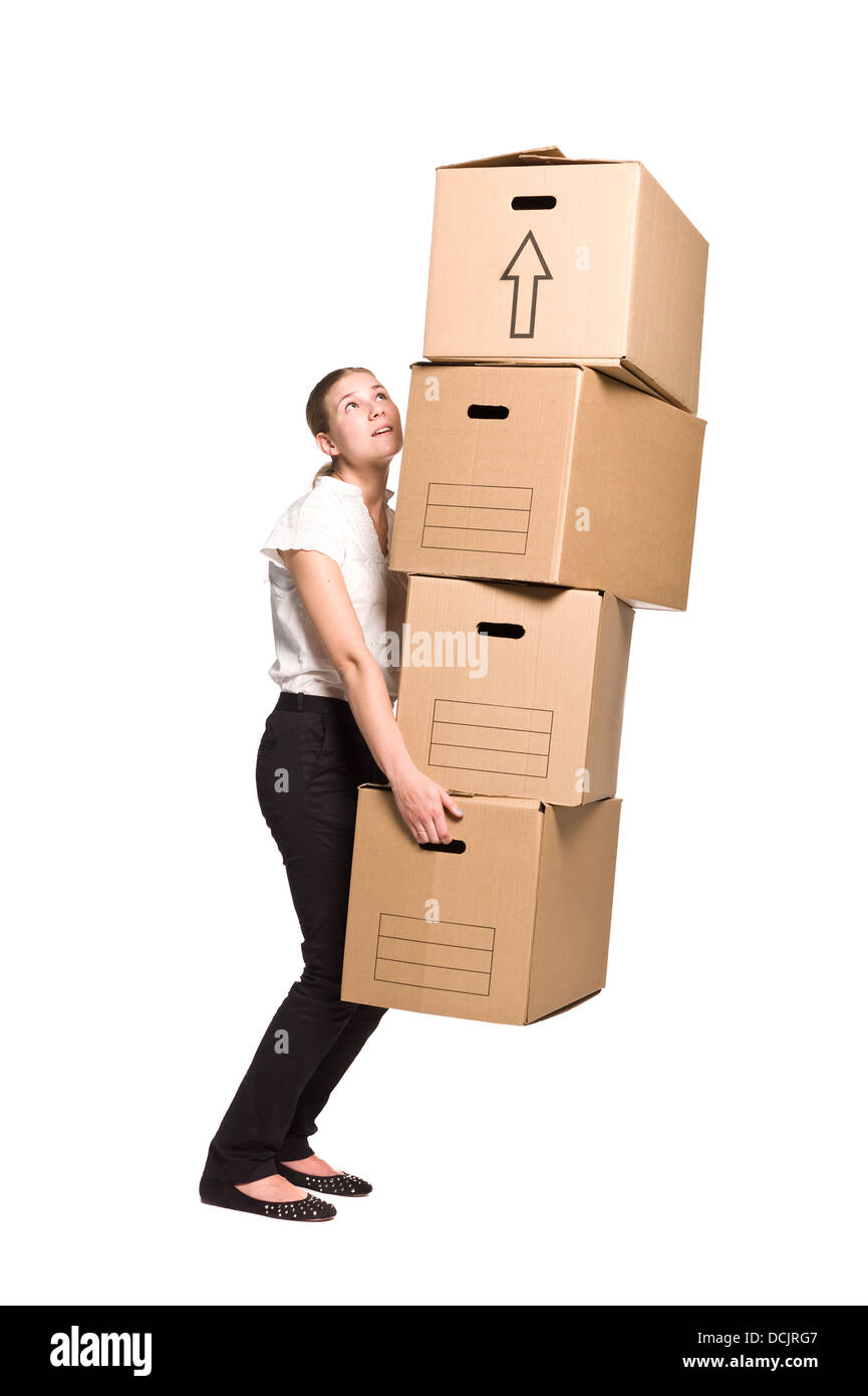 Woman with four boxes Stock Photo - Alamy