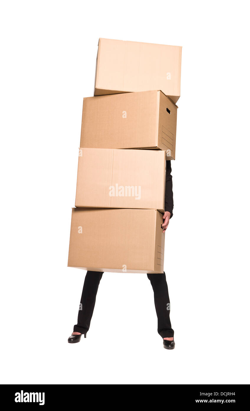 Woman with four boxes Stock Photo - Alamy
