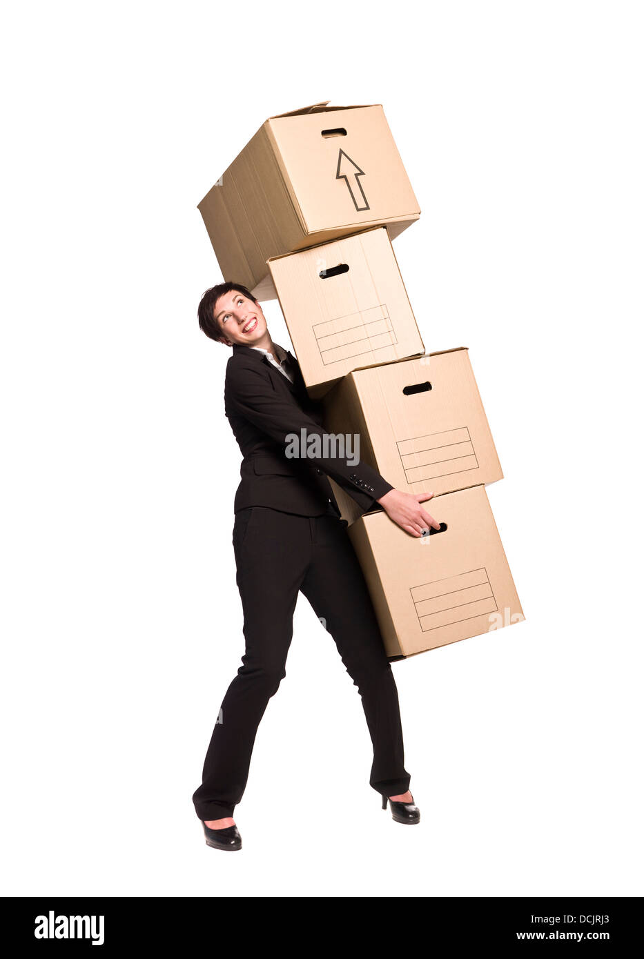 Woman with four boxes Stock Photo - Alamy