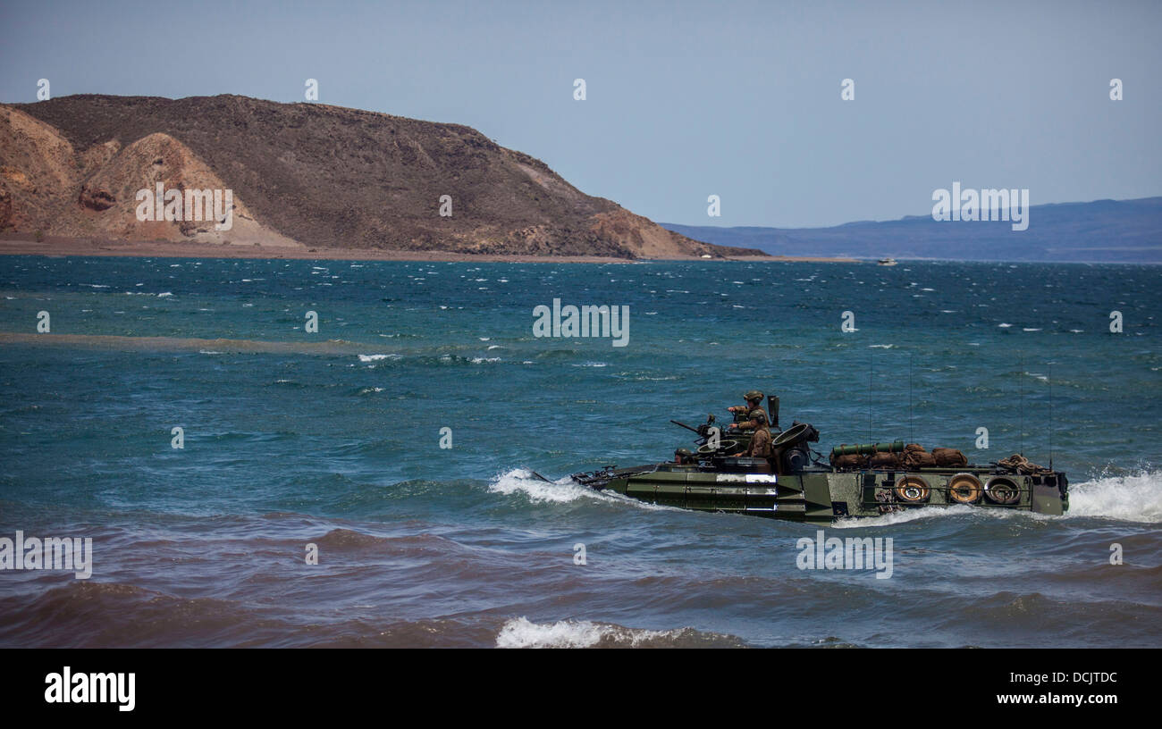 US Marines assault amphibious vehicle approaches the shore during ...