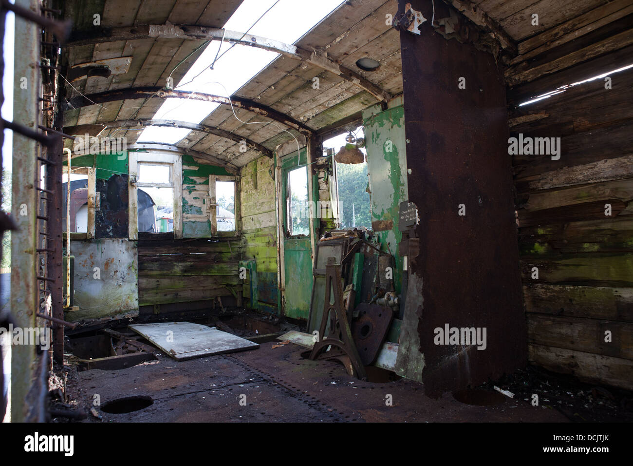 Charred, fire damaged carriage at New Somerset and Dorset Railway ...