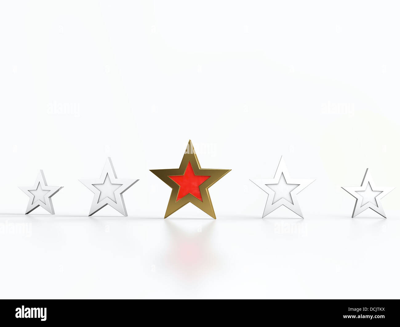 Four white stars and one golden and red star in center Stock Photo - Alamy