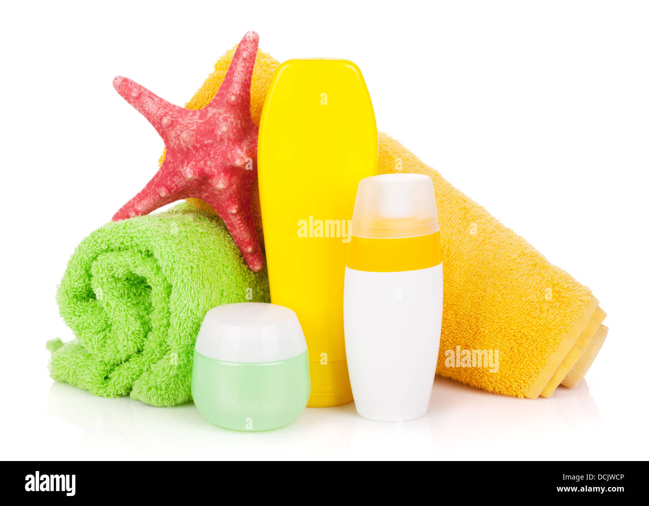 Bath bottles, towel and starfish. Isolated on white background Stock ...