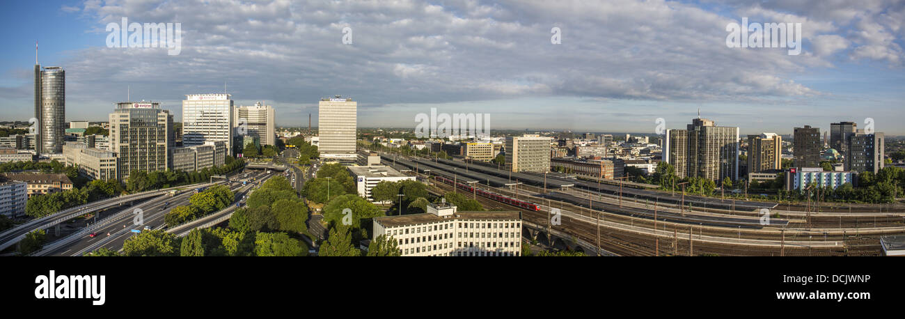 Essen, Ruhr-area, panoramic view of city center and main railway ...
