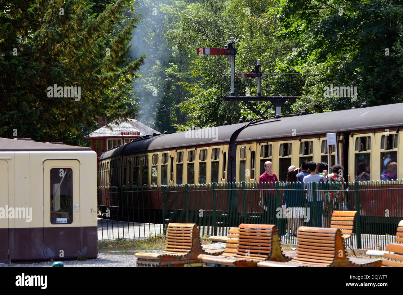 Lakeside and Haverthwaite Railway steam train at Lakeside Station with ...
