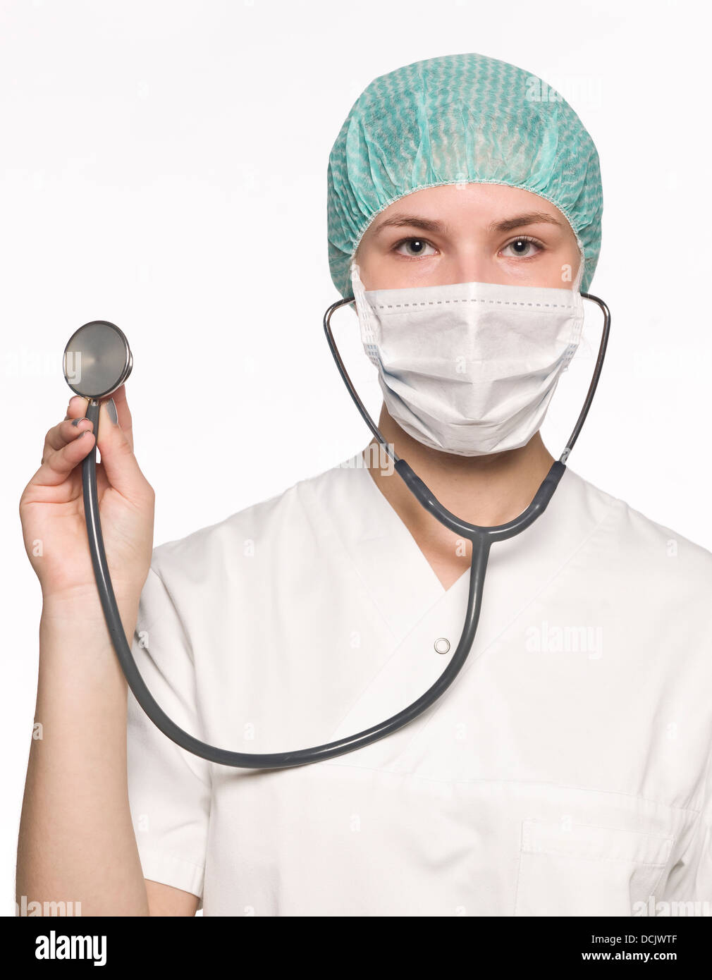 Female nurse with a stethoscope isolated towards white background Stock ...