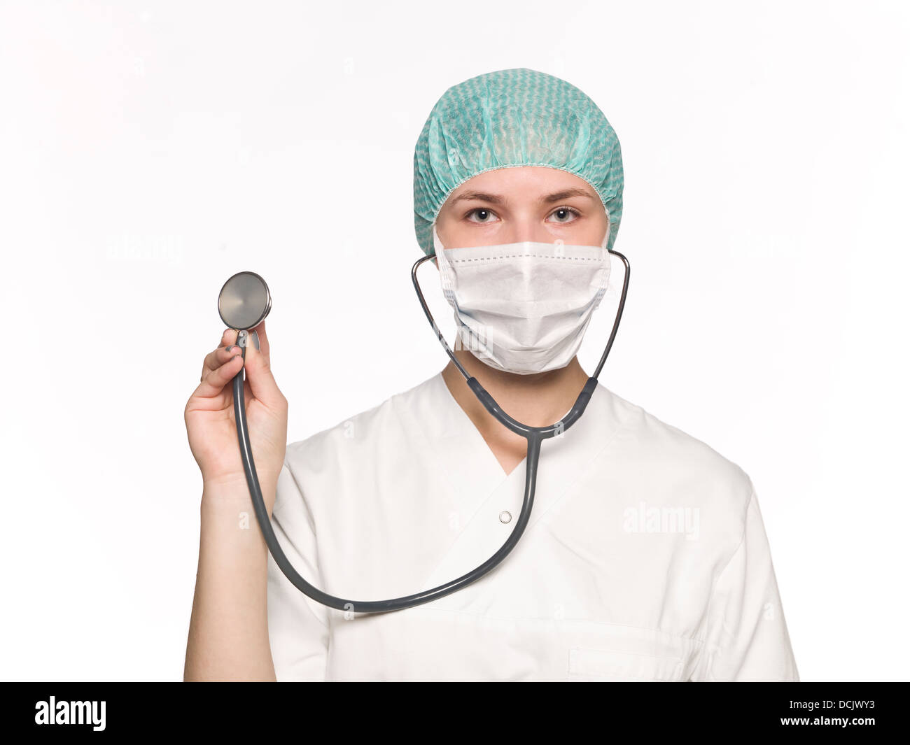 Female nurse with a stethoscope isolated towards white background Stock ...