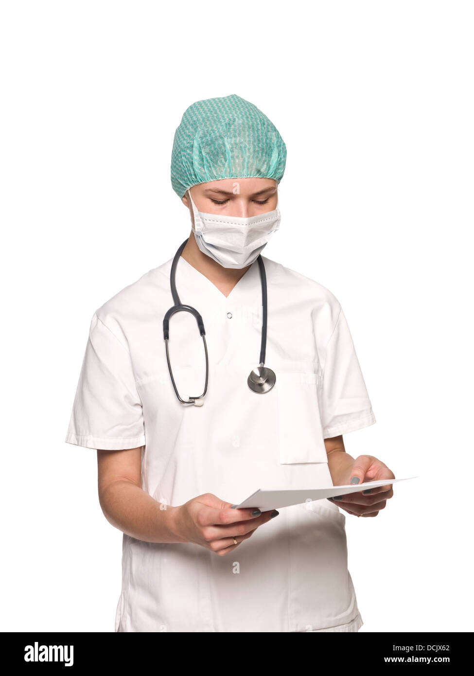 Nurse with stethoscope and a journal towards white background Stock ...