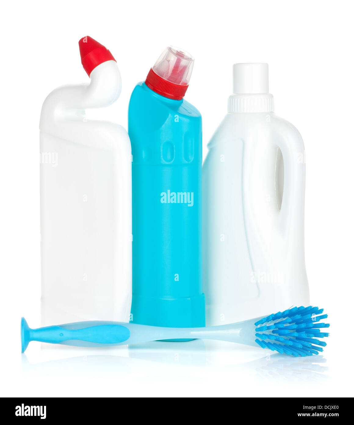 Plastic bottles of cleaning products and brush. Isolated on white ...