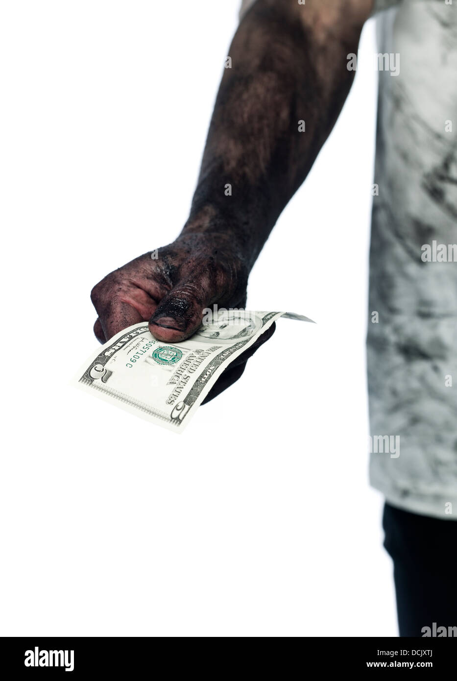 Dirty hand holding a five dollar bank note Stock Photo - Alamy