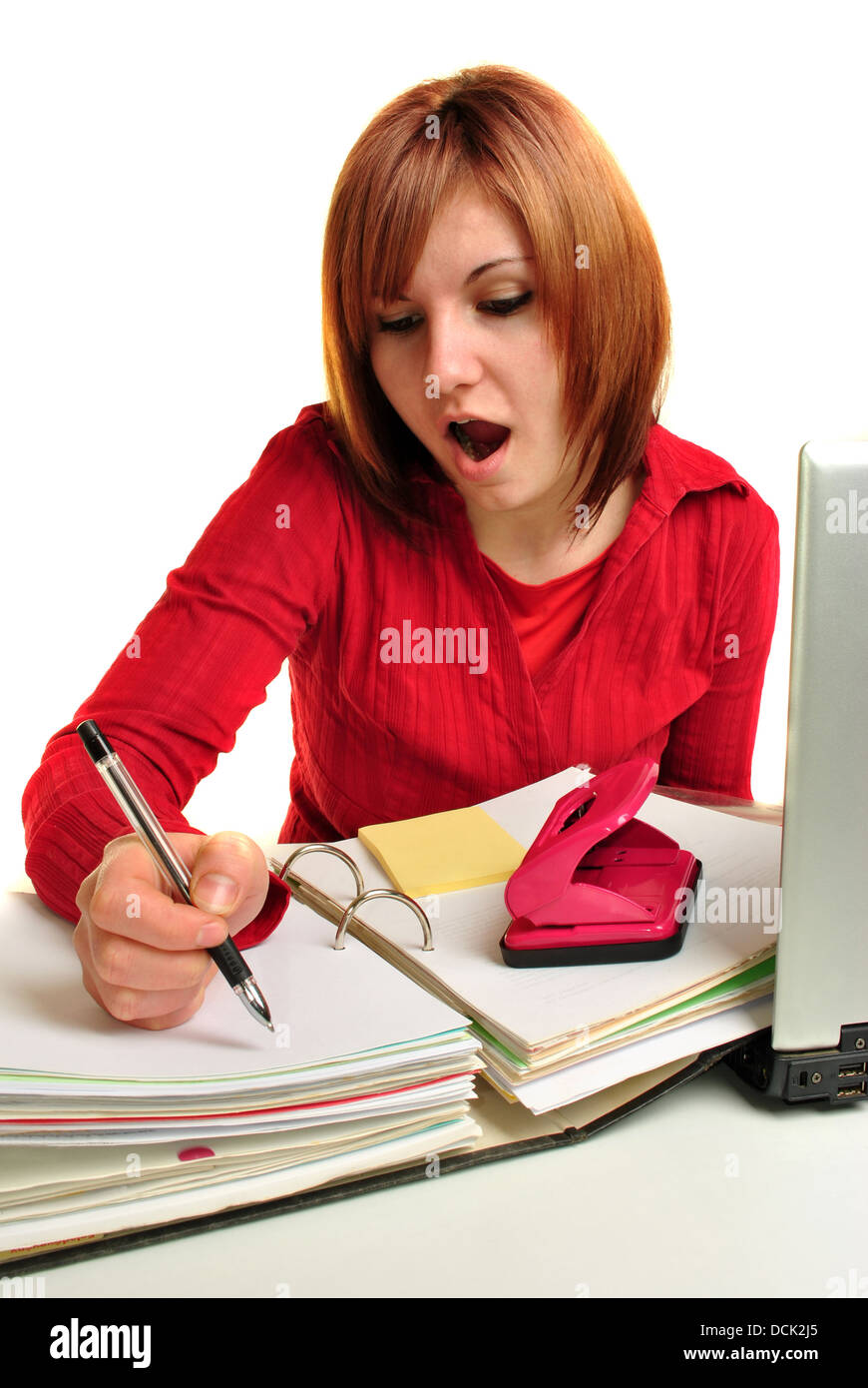 Office assistant with a folder and laptop Stock Photo - Alamy
