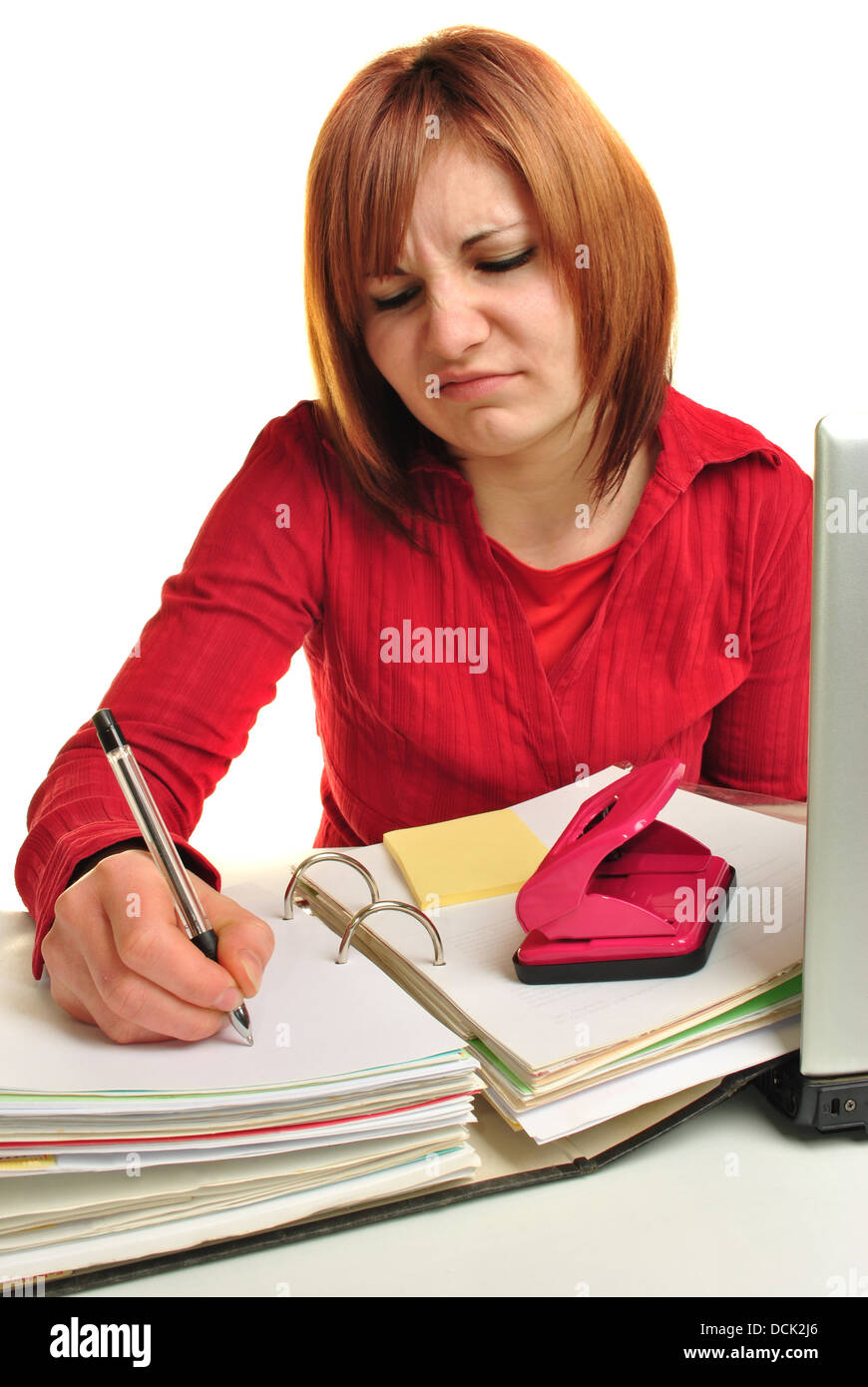 Office assistant with a folder and laptop Stock Photo - Alamy