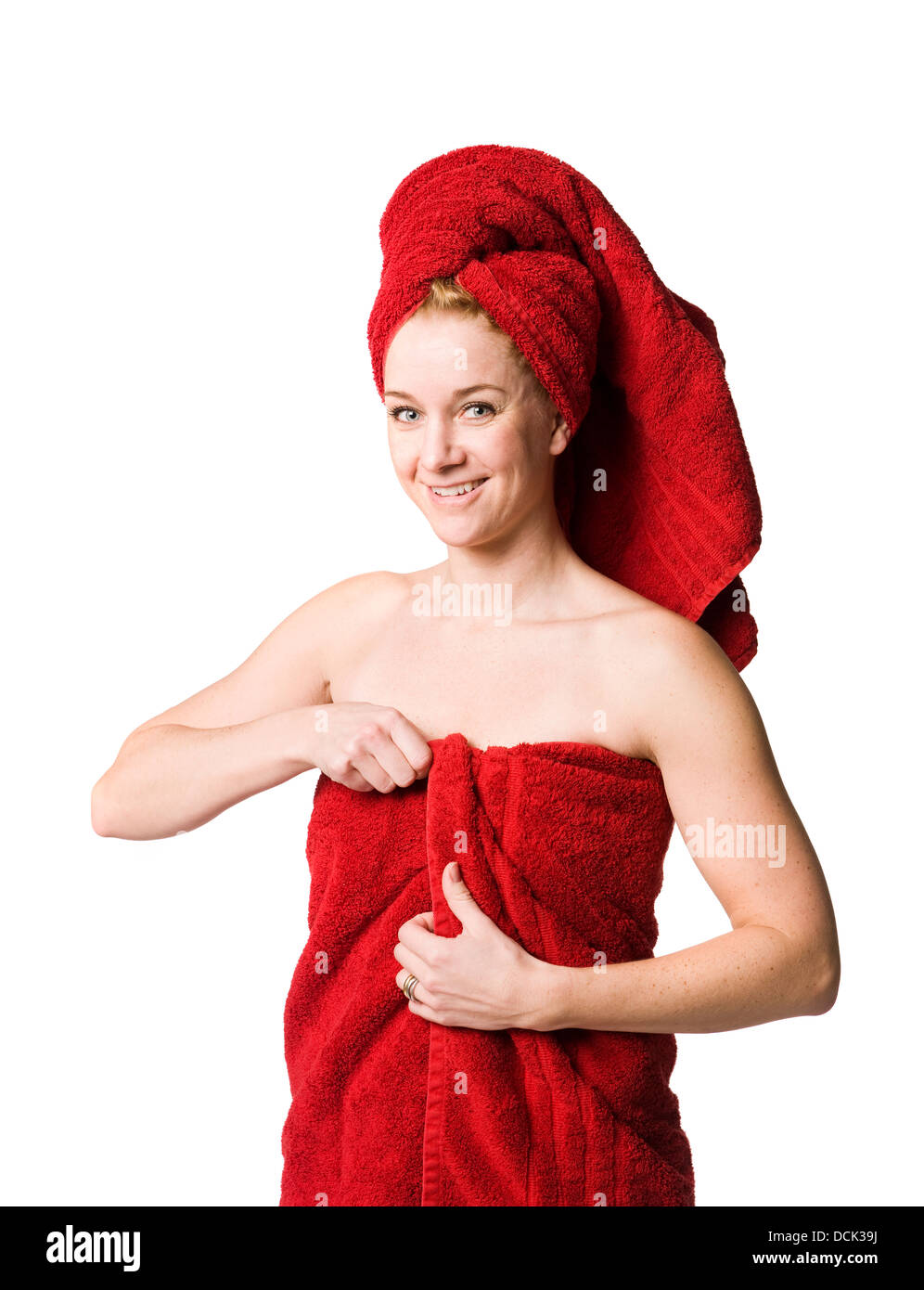 Girl with red towel Stock Photo - Alamy
