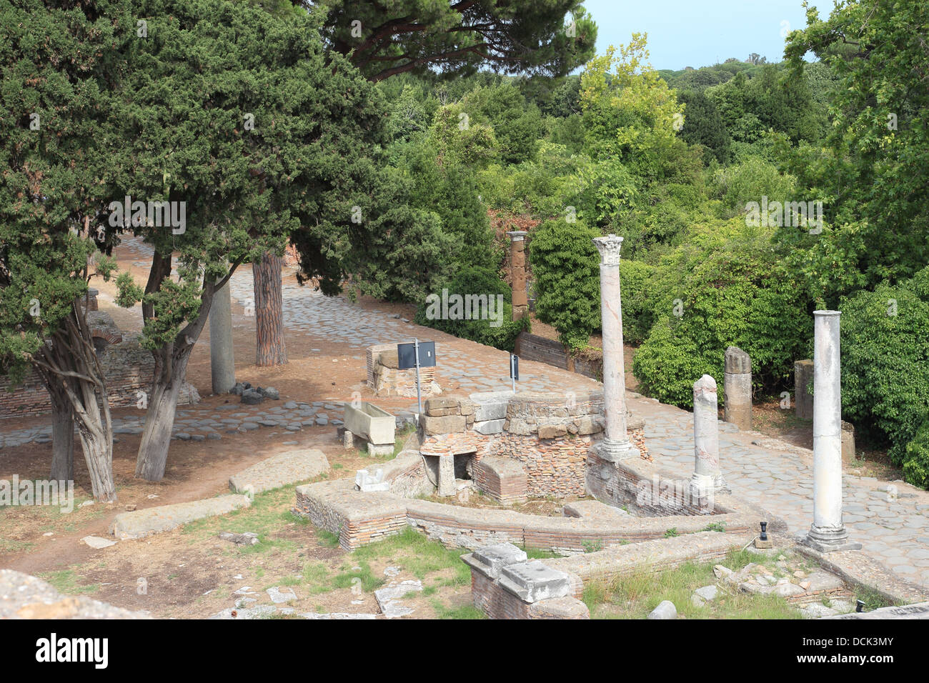 view of the Decumano, ancient Roman main street in Ostia Antica, Rome ...