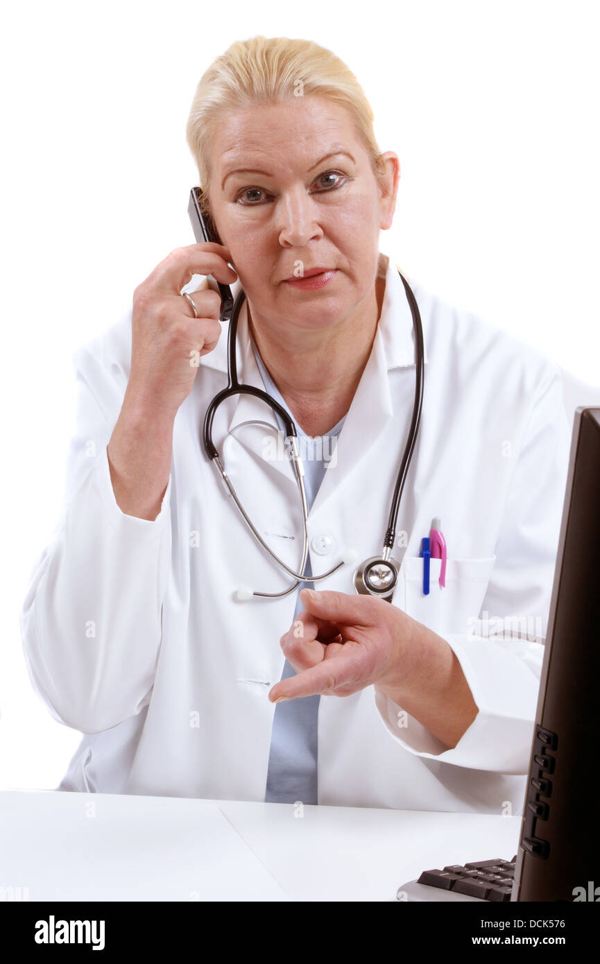 medical assistant with a cordless phone and white background Stock ...