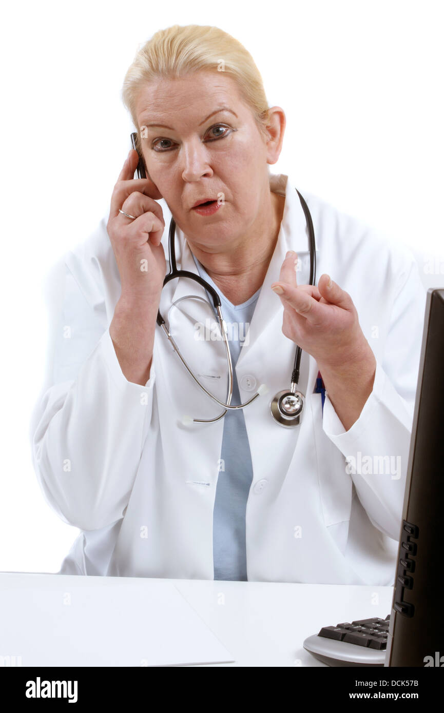 medical assistant with a cordless phone and white background Stock ...