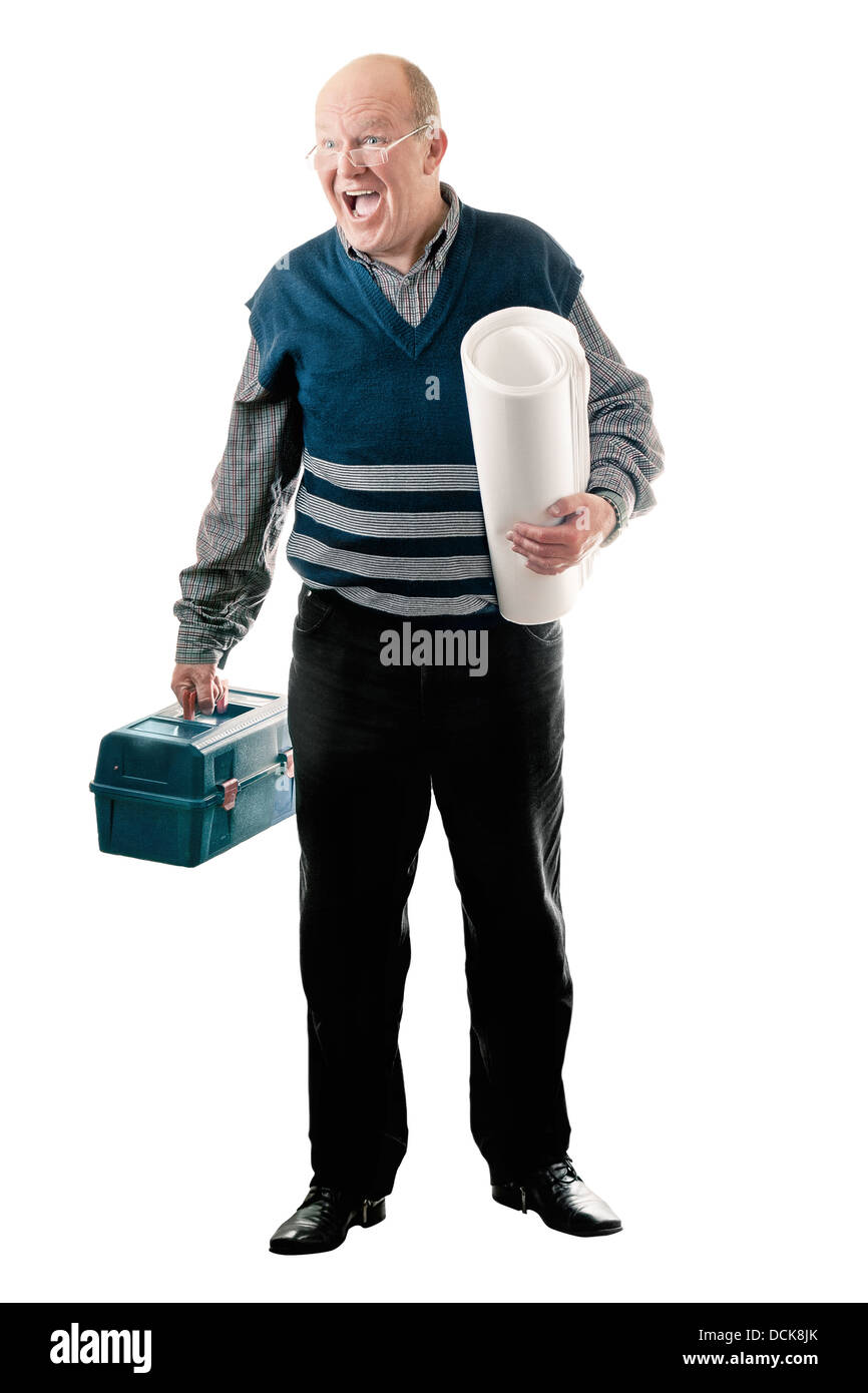 Confident man with toolbox and roll of canvas Stock Photo - Alamy