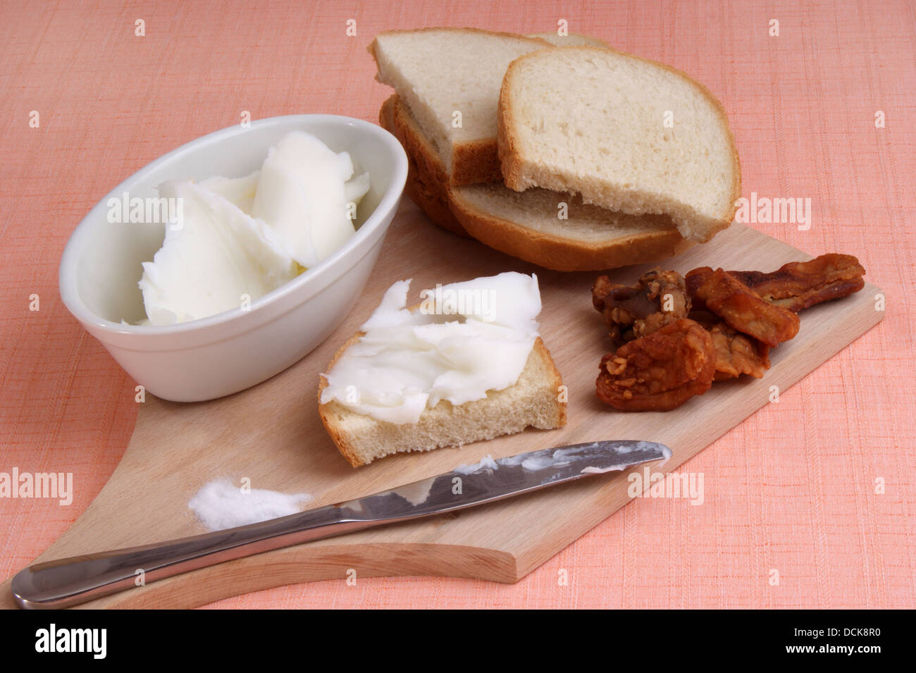Lard with salt on home baked bread Stock Photo - Alamy