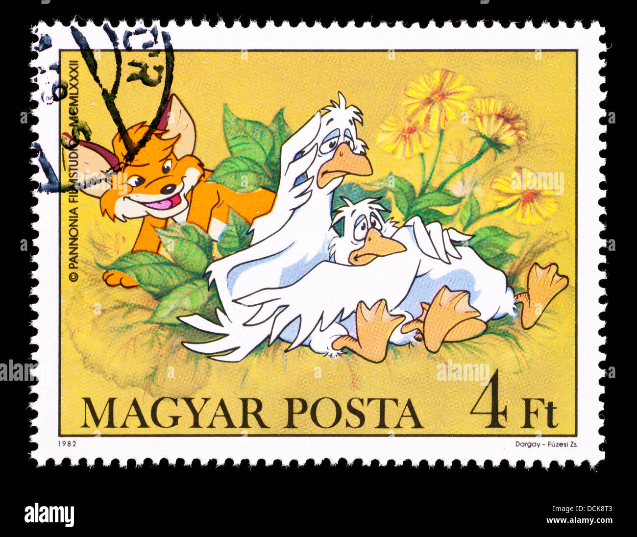 Postage stamp from Hungary depicting geese and Vuk the fox cub Stock ...