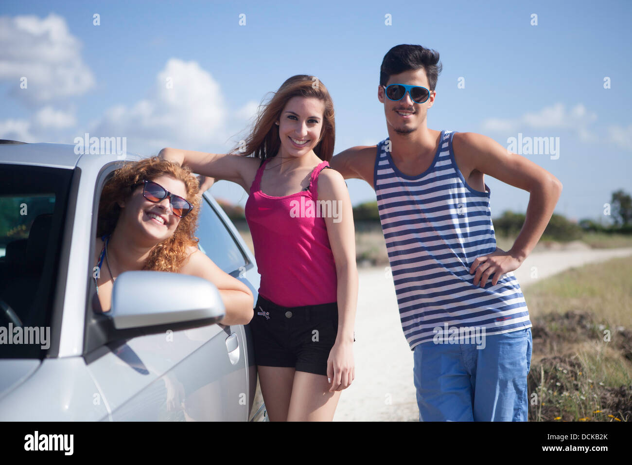 Happy group of friends going on vacations Stock Photo - Alamy