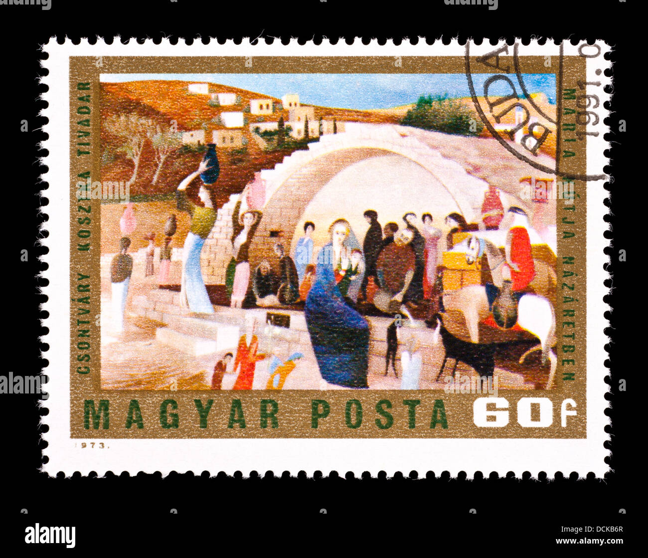 Postage stamp from Hungary depicting the painting "Mary's Well ...