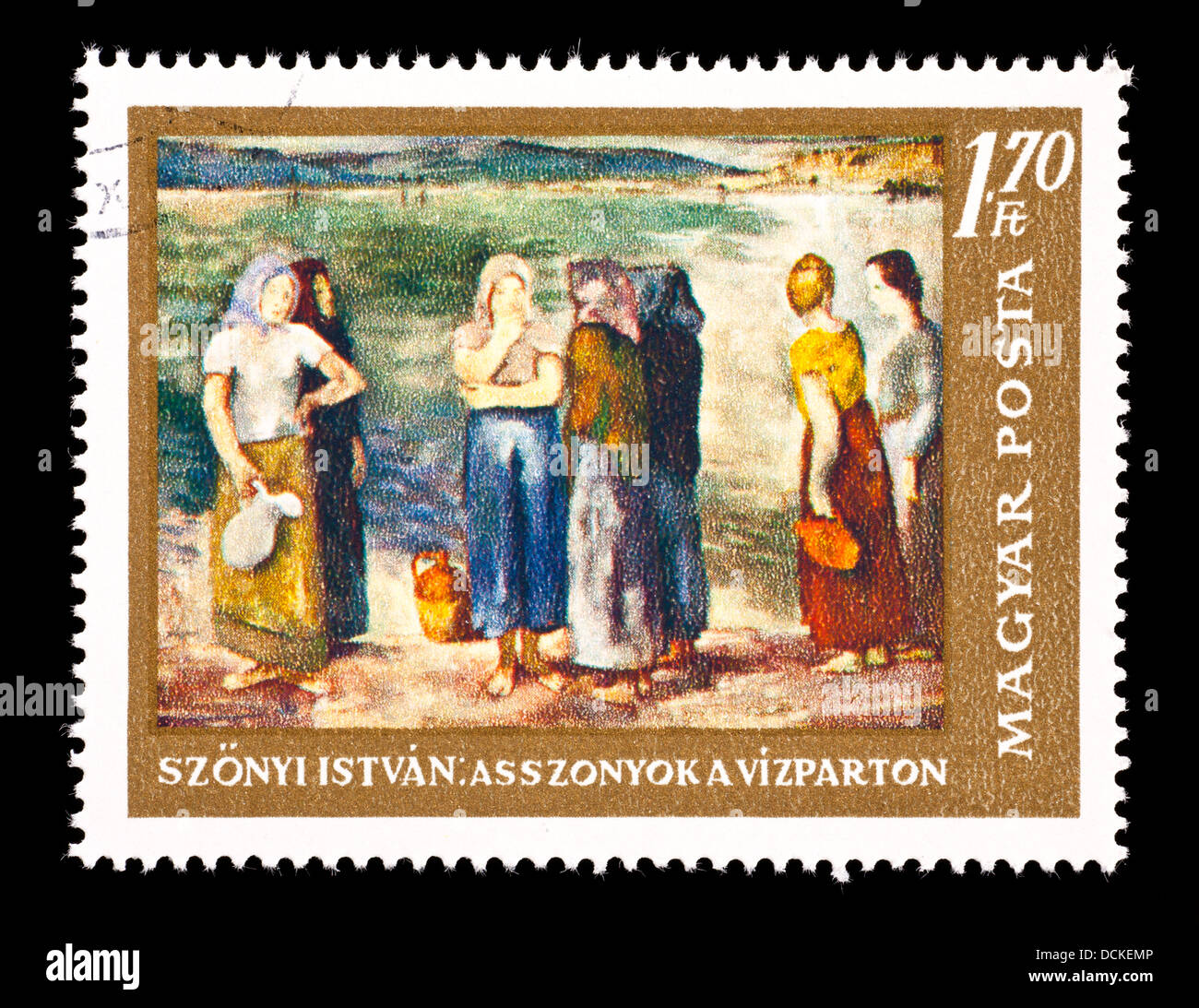 Postage stamp from Hungary depicting the painting "Women at the River ...