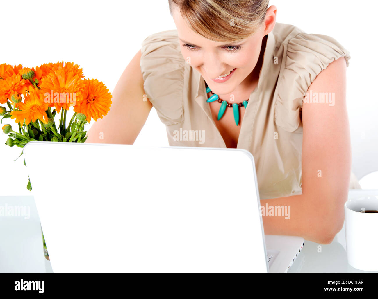 Woman smiling laptop Stock Photo - Alamy