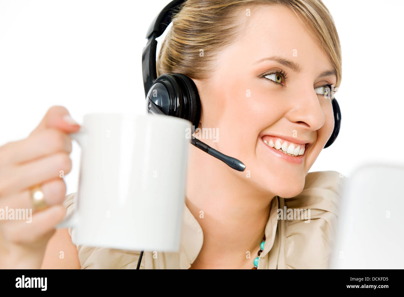 Woman headset cup Stock Photo - Alamy