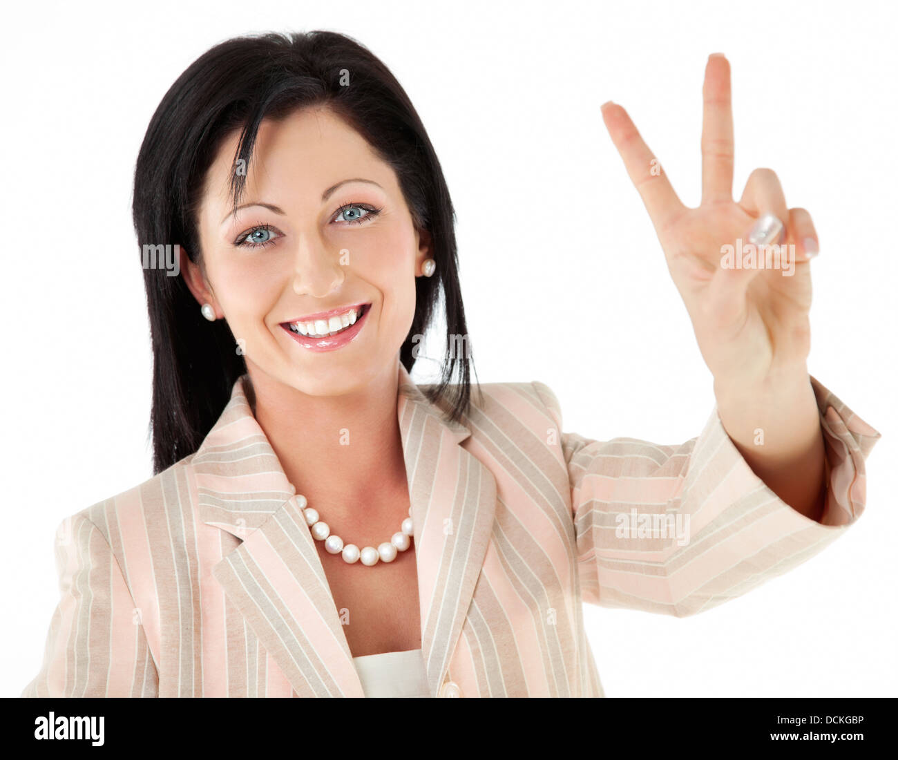 Woman victory peace sign Stock Photo - Alamy