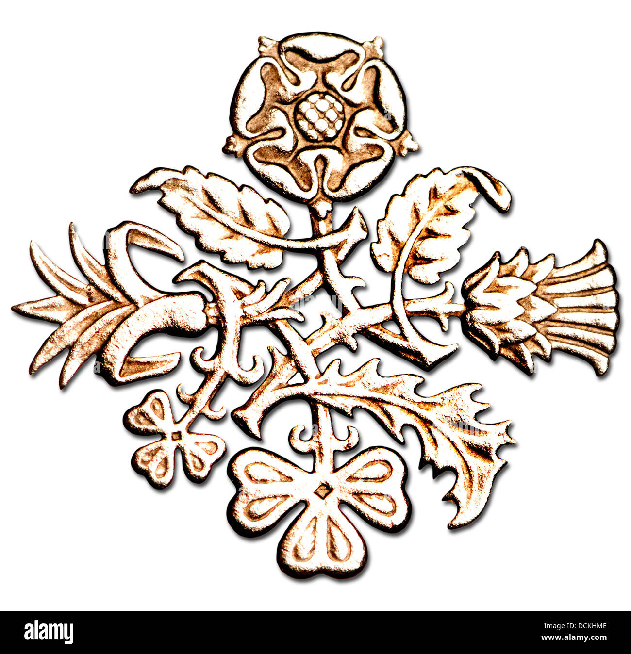 Old British sixpence coin. Reverse showing rose, thistle, leek and ...