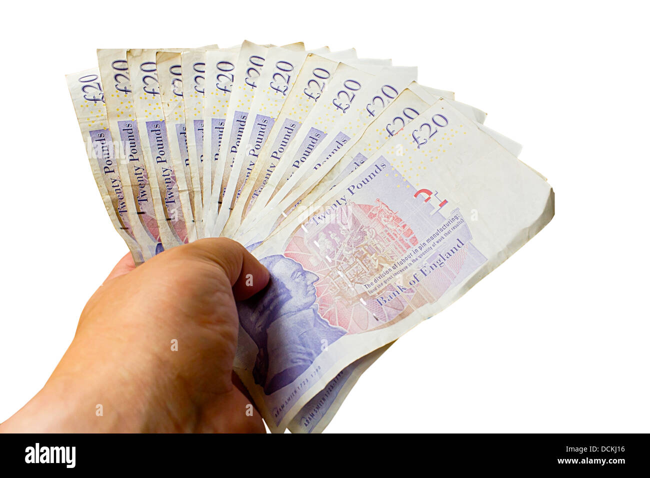 Hand holding a bunch of Bank notes isolated against a white background ...