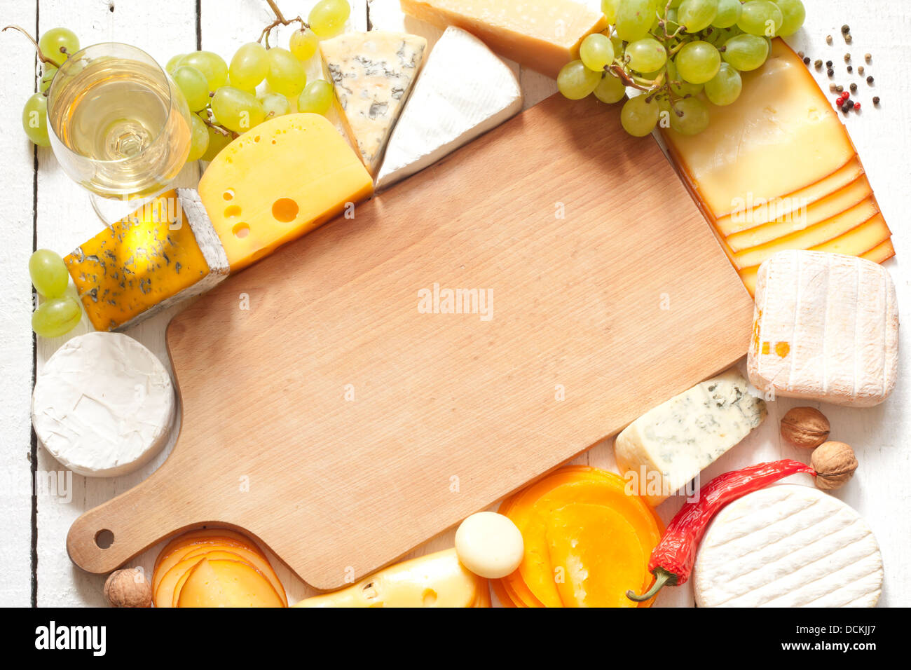 Various types of cheese with empty space background concept Stock Photo ...