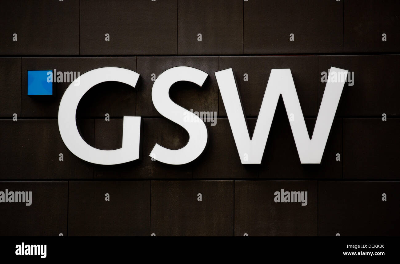 The lettering GSW at the entrance of the headquarters of German real ...