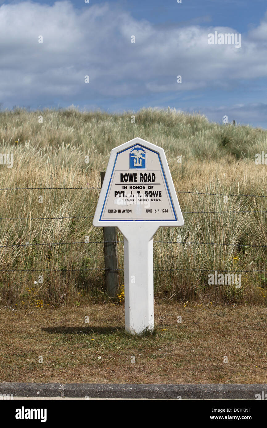 Utah Beach Normandy, sign for Rowe Road, commemorating the loss of life ...