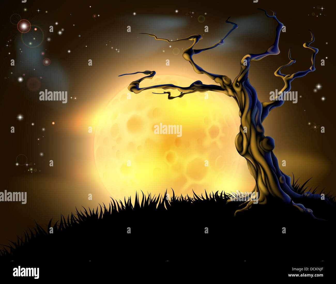 A spooky scary orange Halloween background scene with full moon, clouds ...