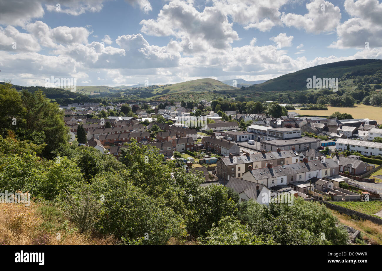 Bird's eye view of the town of Machynlleth in mid Wales, looking east ...